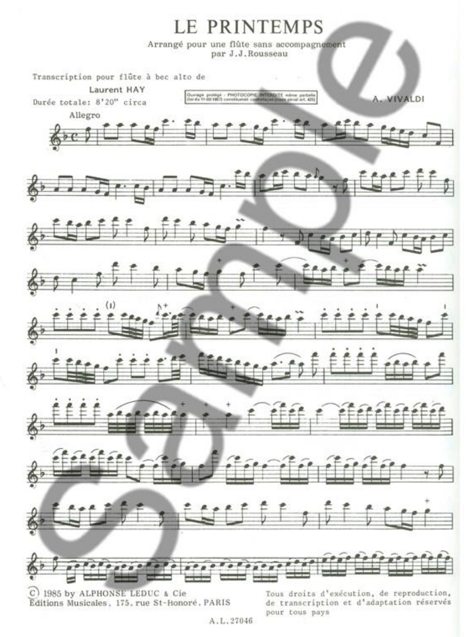 Vivaldi: Spring arranged for Alto Recorder - Music available at EMS